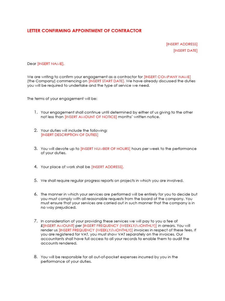 Contractor Appointment Letter Template 2 | PDF | Bankruptcy | Civil Law ... Contractor Appointment Letter Template 2 | PDF | Bankruptcy | Civil Law ...