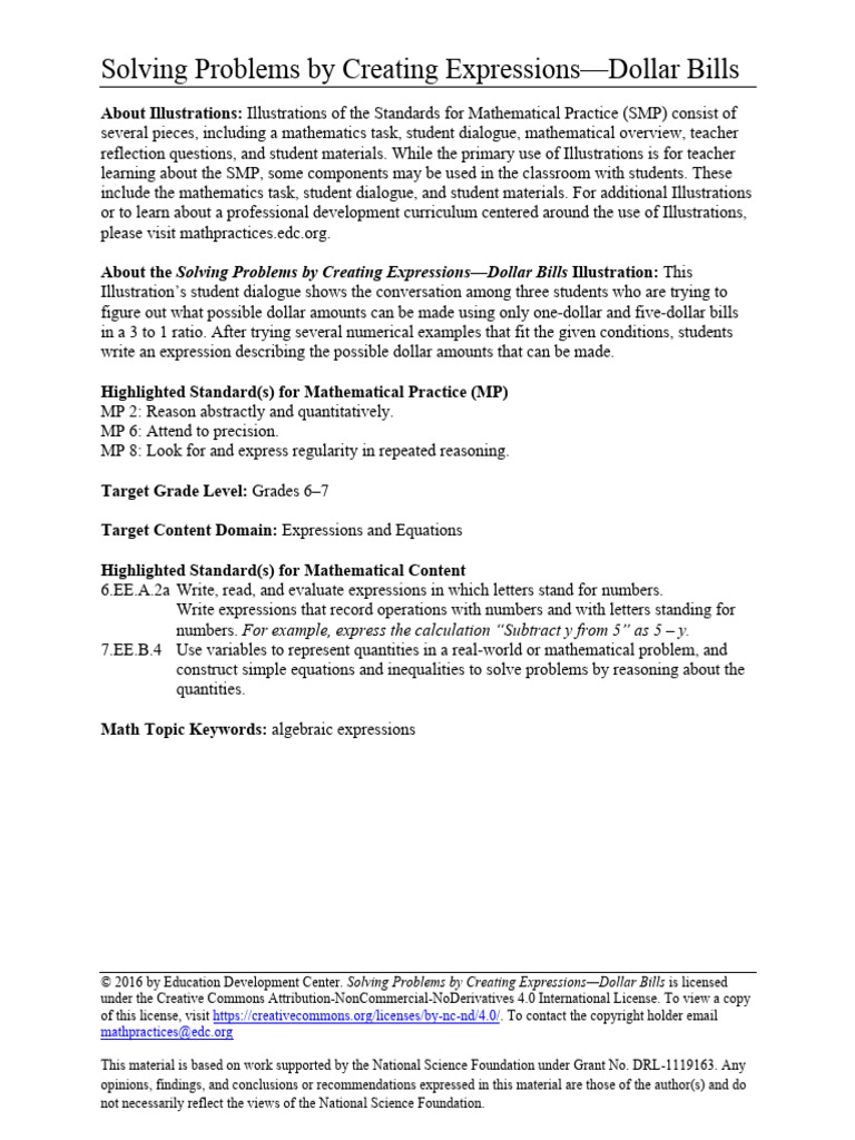Solving Problems by Creating Expressions-Dollar Bills | PDF ... Solving Problems by Creating Expressions-Dollar Bills | PDF ...
