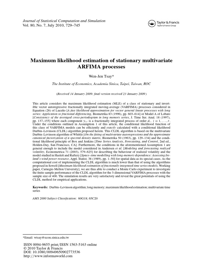 Maximum Likelihood Estimation Of Stationary Multivariate Arfima Processes Tsay Pdf Equations