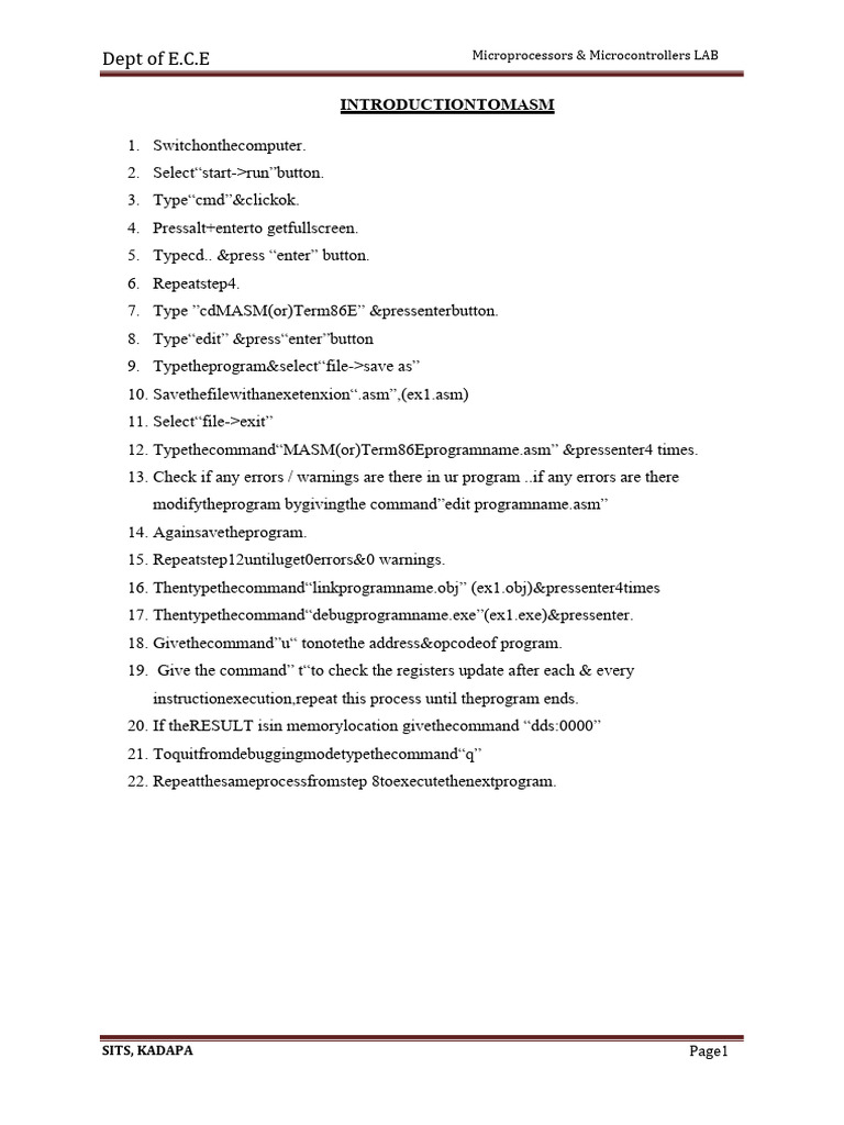 R20 MP&MC Lab Manual | PDF | Assembly Language | Microcontroller