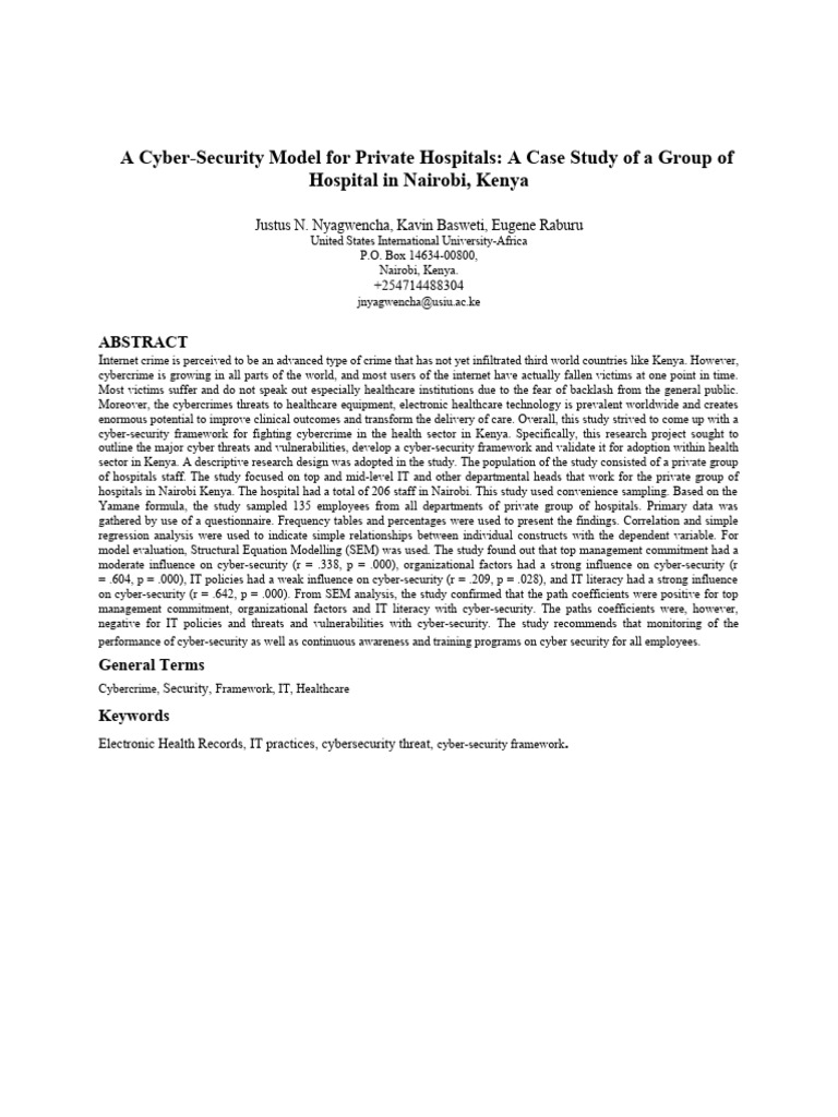 A Cyber-Security Model For Private Hospitals - A Case Study of A Group of Hospital in Nairobi ...