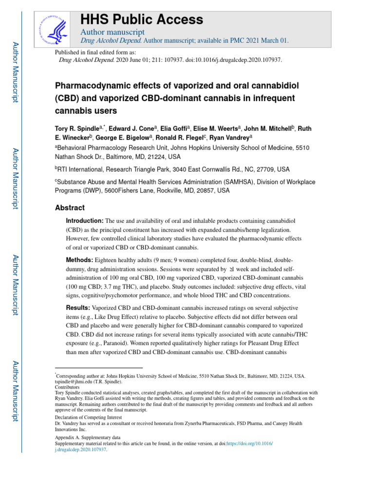 Pharmacodynamic Effects of Vaporized and | PDF | Cannabis | Medical ...