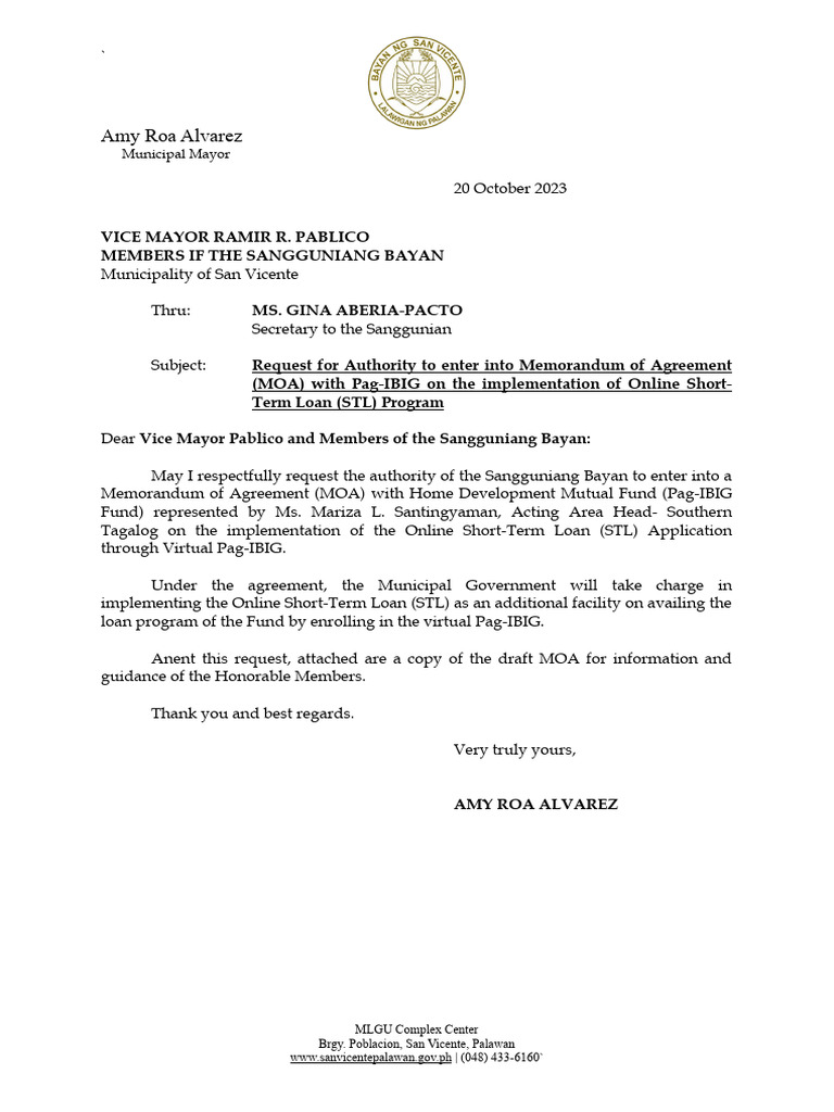 Letter-SB-Endorsement - MOA With HMDF-Online STL | PDF