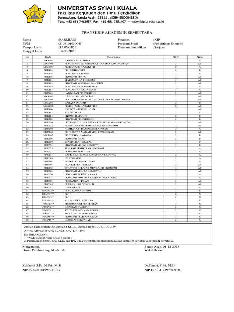 Transkrip Sementara | PDF
