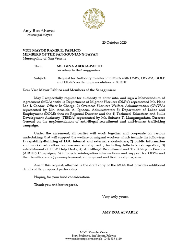 Letter-SB-Endorsement-MOA With DMW-OWWA-DOLE-AIRTIP | PDF