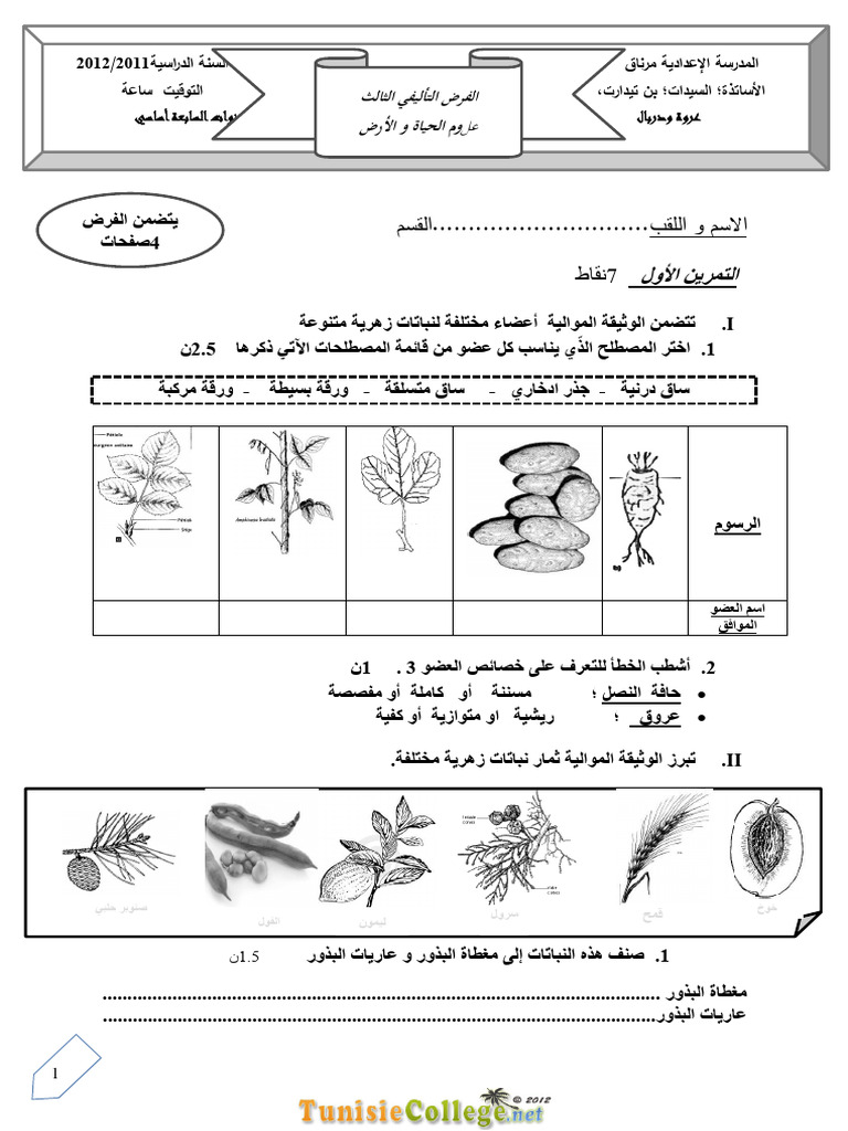 Devoir de Synthèse N°3 - SVT - 7ème (2011-2012) Mme Aroua, Derbal, Tidert 2 | PDF