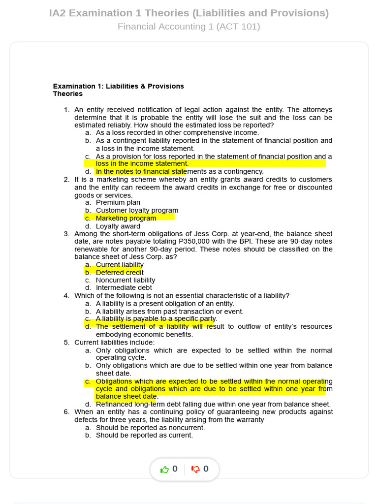 Ia2 Examination 1 Theories Liabilities and Provisions - Compress | PDF | Balance Sheet ...