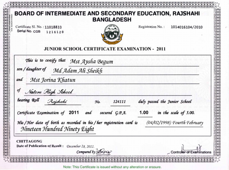 JSC Certificate | PDF