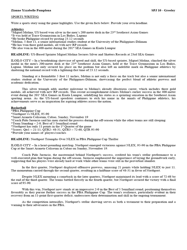 Sports Writing Highlights and Exercises | PDF | Sports Competitions ...