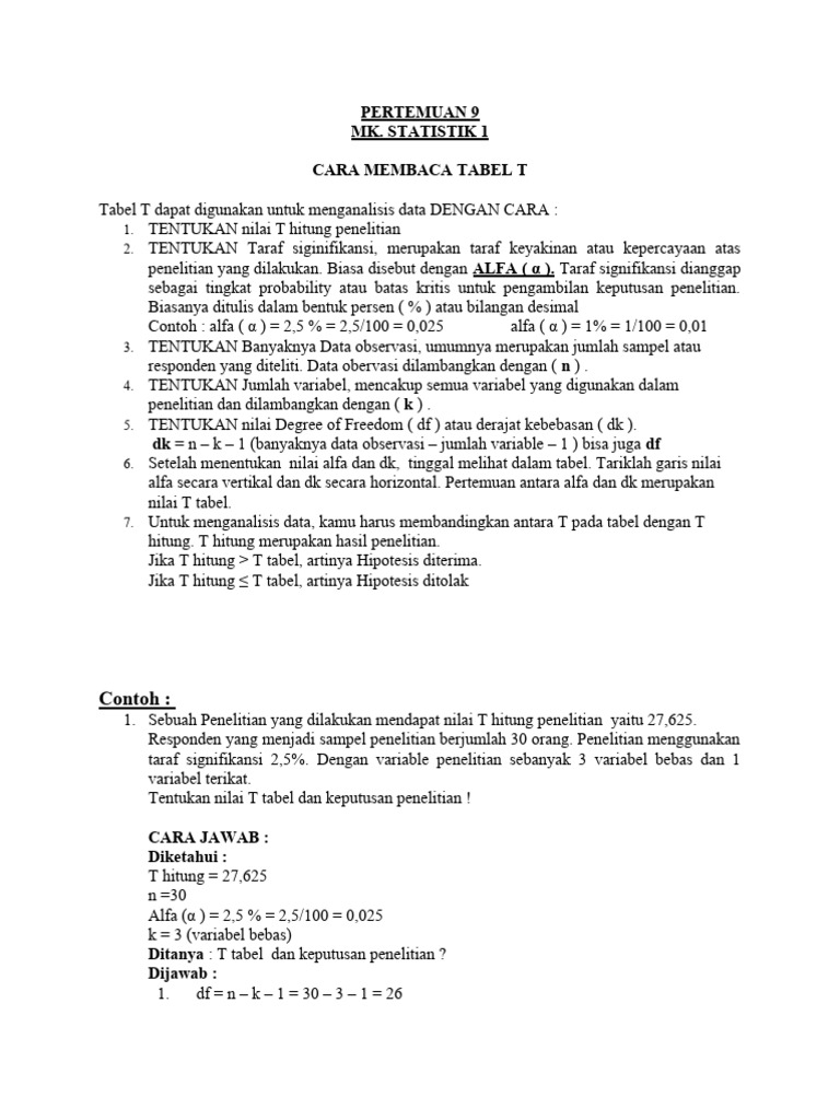 Cara Membaca Tabel T untuk Uji Statistik | PDF