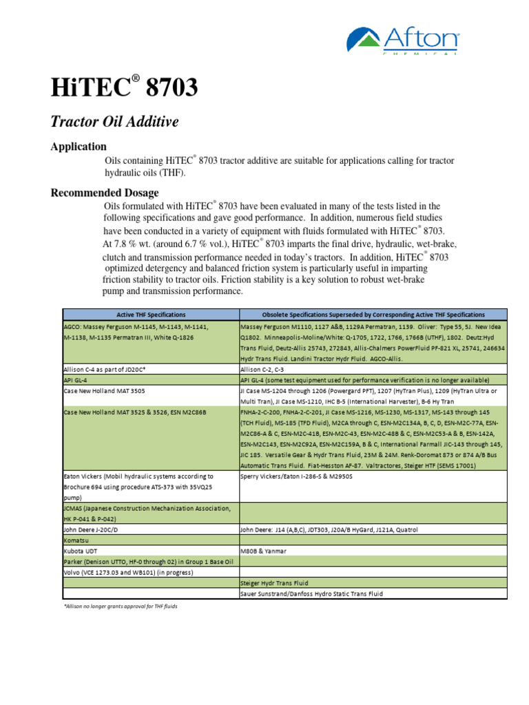 Hitec 8703: Tractor Oil Additive | PDF | Tractor | Mechanical Engineering