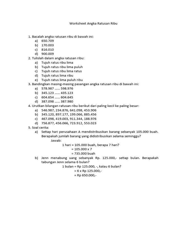 Worksheet Angka Ratusan Ribu | PDF | Metode & Bahan Ajar