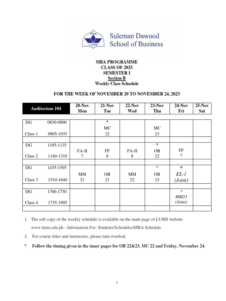 Weekly Schedule of MBA 2025 SIB Week 4 Section B | PDF | Marketing ...