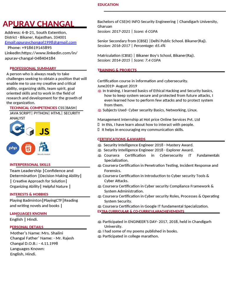 Apurav+Changal Resume | PDF | Computer Security | Security