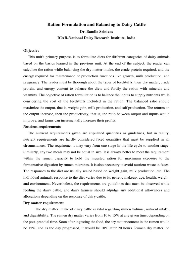 Ration Formulation and Balancing | Download Free PDF | Dairy Cattle ...