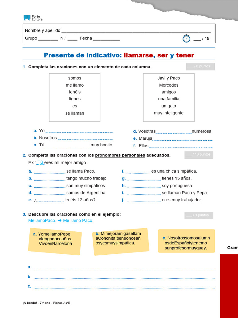 Bord7 Fichas Ave Gram 20 Presente de Indicativo Llamarse Ser y Tener | PDF