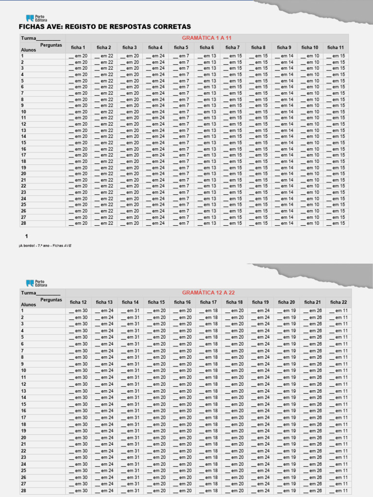 Bord7 Fichas Ave Tabela Respostas Gramatica | PDF | Métodos e Materiais de Ensino
