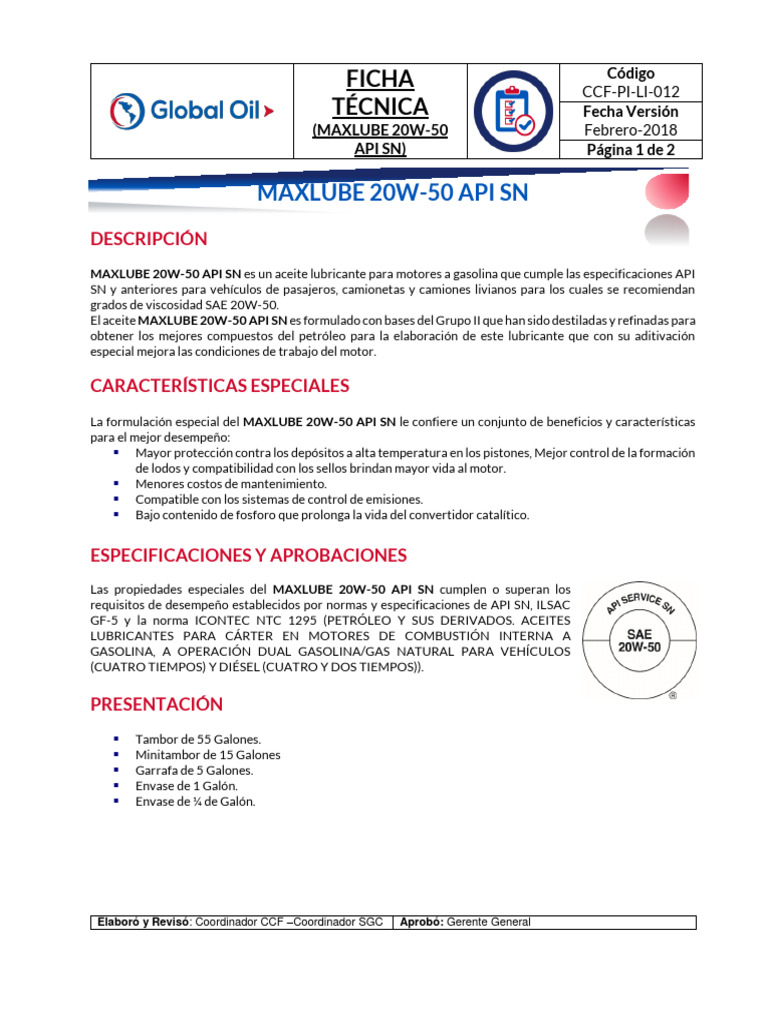 Maxlube 20W50 SN | PDF | Lubricante | Gasolina