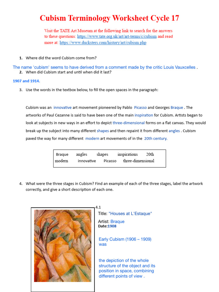 Terminology Worksheet | PDF | Cubism | Pablo Picasso
