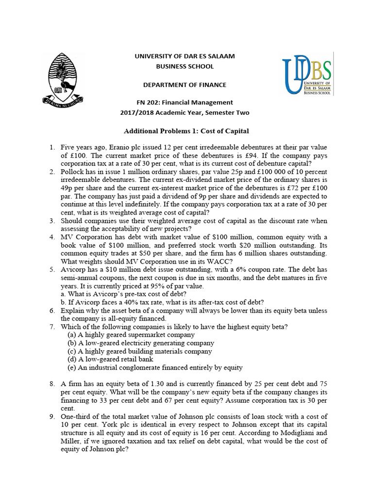 FN202 Additional Questions 1 | PDF | Cost Of Capital | Stocks