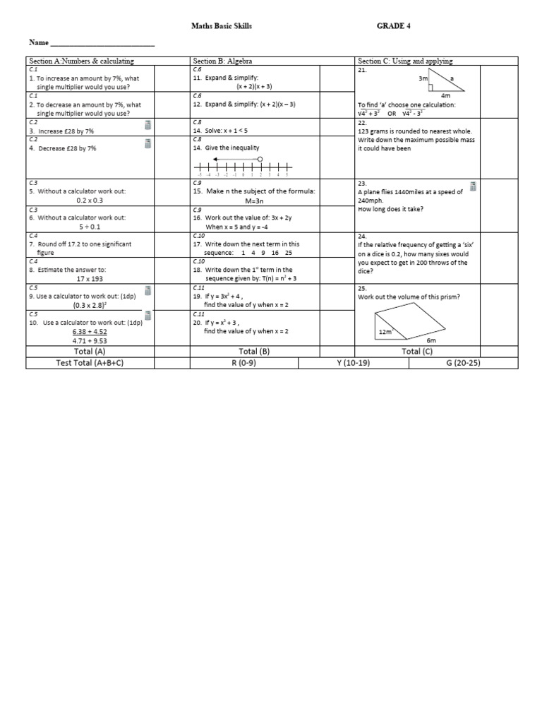 GRADE 4 Test 1 | PDF | Mathematics | Algebra