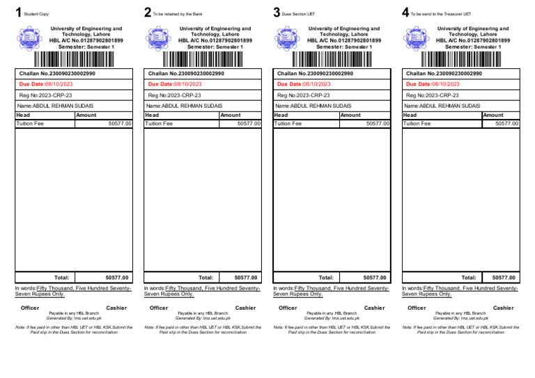 UET Lahore Semester 1 Fee Challan | PDF | Economies | Payments