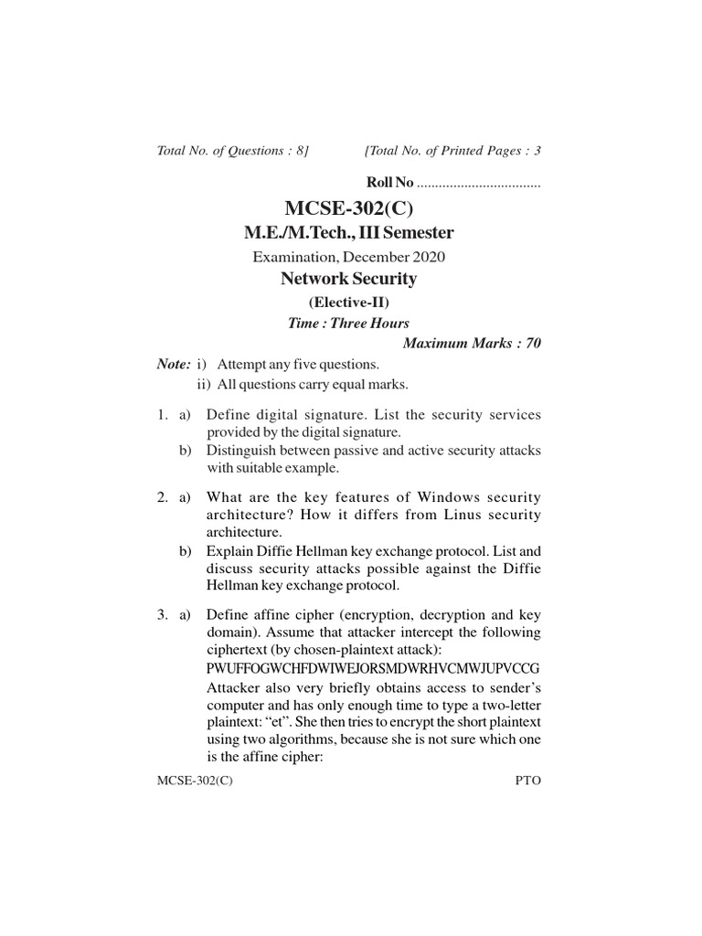 Mcse 302 C Network Security Dec 2020 | PDF | Encryption | Cryptography