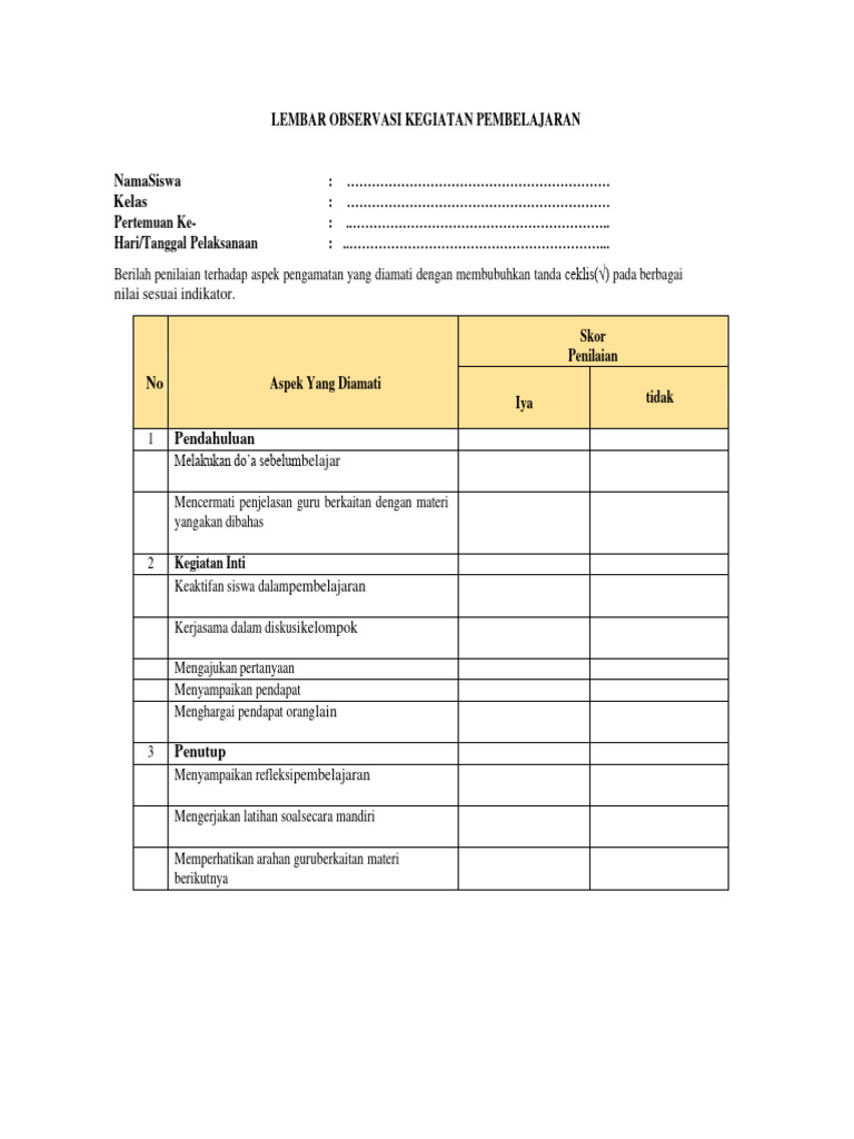Lembar Ceklis Observasi | PDF