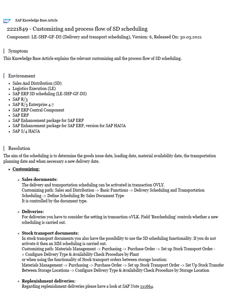 Customizing and Process Flow of SD Scheduling | PDF | Delivery ...