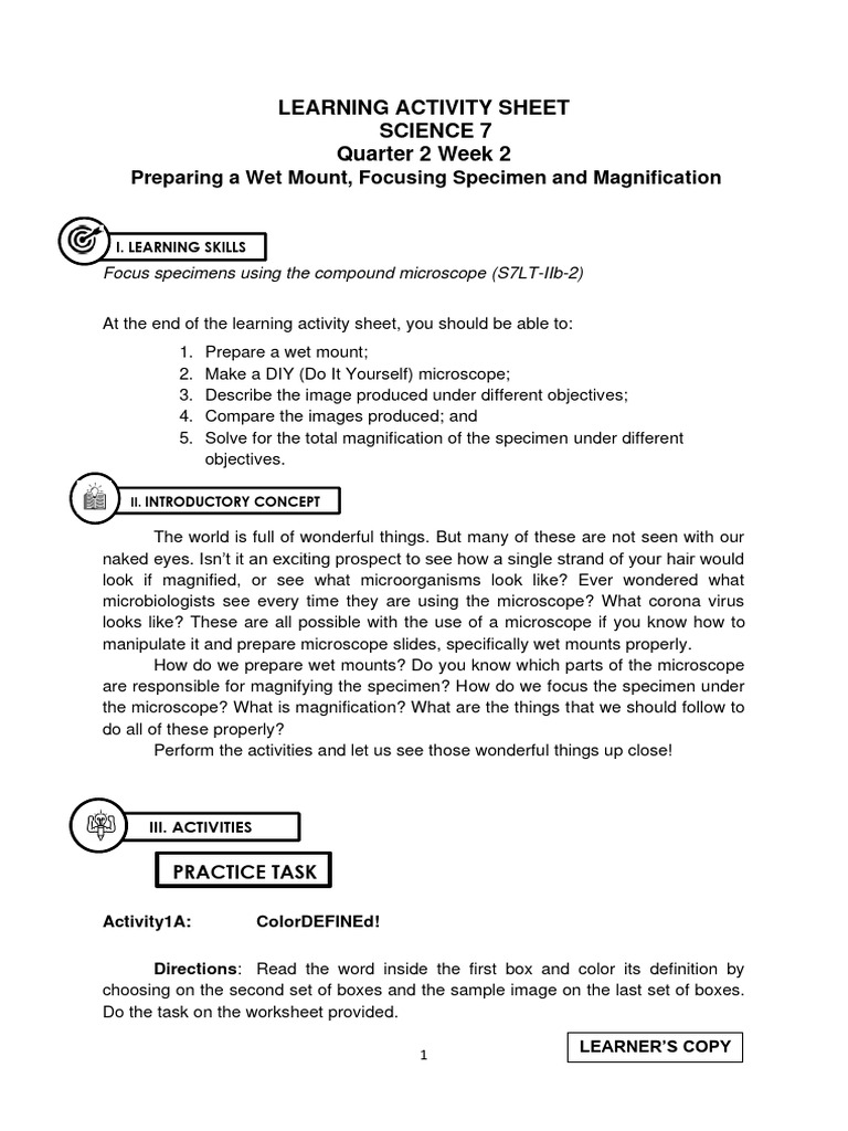 Preparing A Wet Mount, Focusing Specimen and Magnification: Learning Activity Sheet Science 7 ...