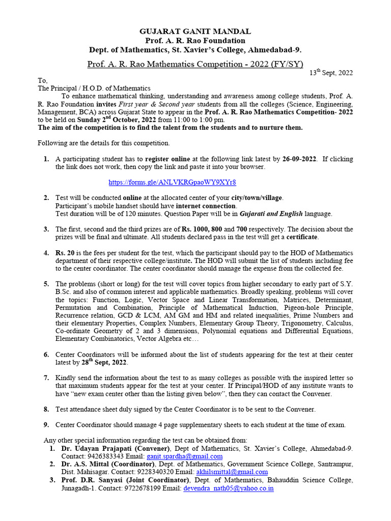 Prof. A. R. Rao Math Competition 2022 | PDF | Equations | Vector Space