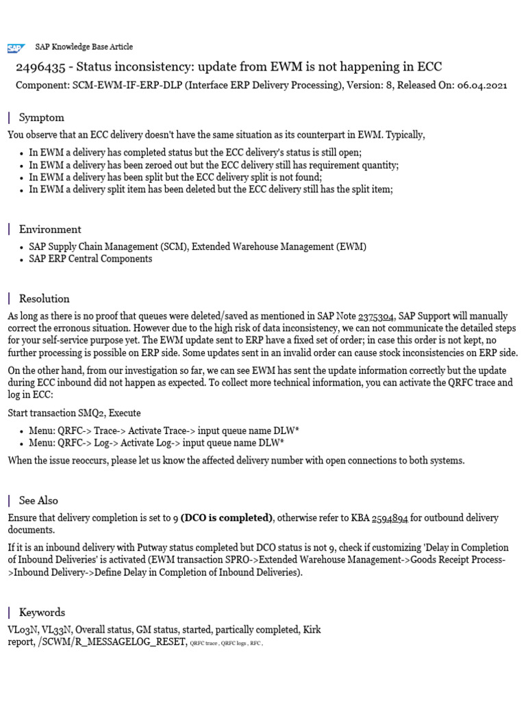 Status Inconsistency - Update From EWM Is Not Happening in ECC | PDF | Enterprise Resource ...