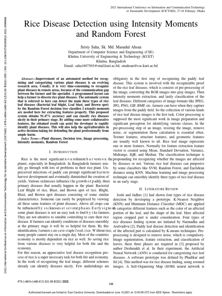 Rice Disease Detection Using Intensity Moments and Random Forest | PDF ...