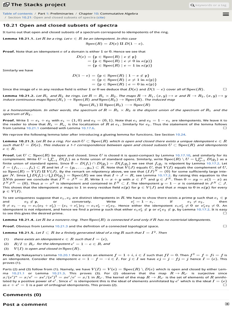 Section 10.21 (04PN) Open and Closed Subsets of Spectra-The Stacks ...