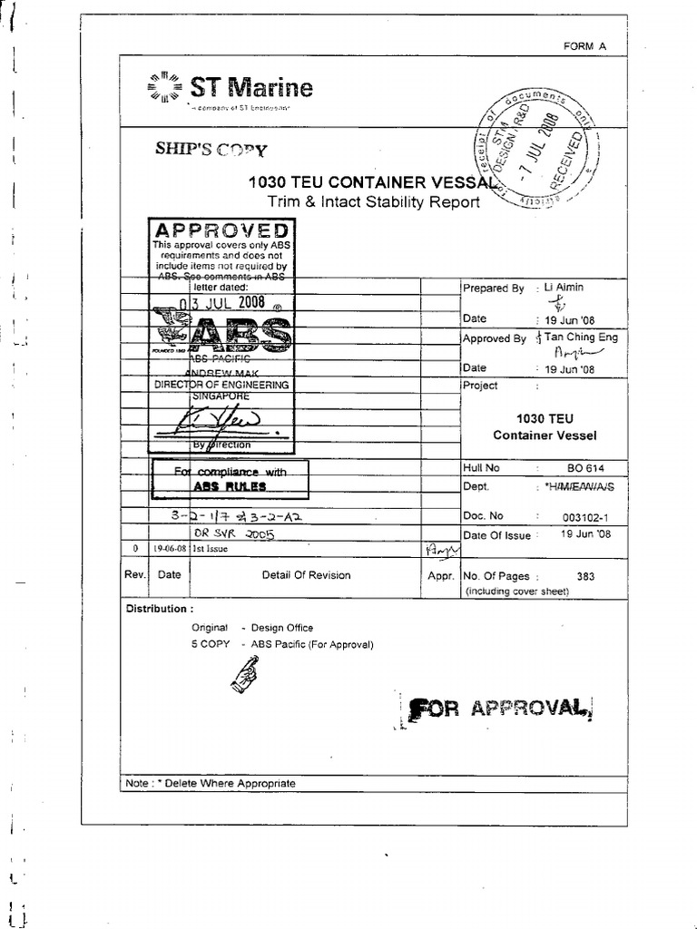1030teu Container Vessal Trim & Intact Stability Report | PDF