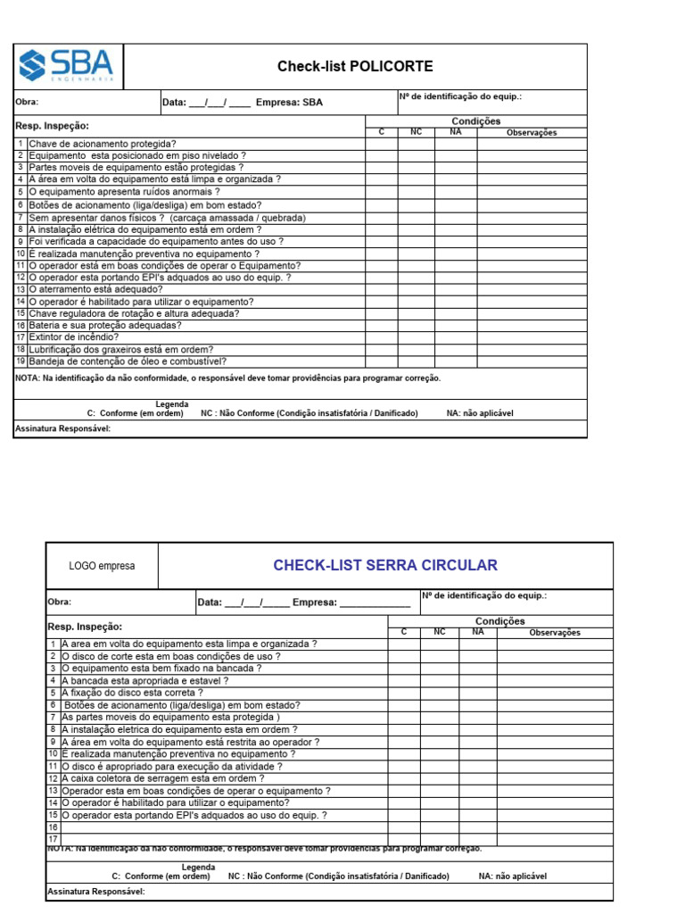 Check-List Betoneira Serra Circular Policorte | PDF