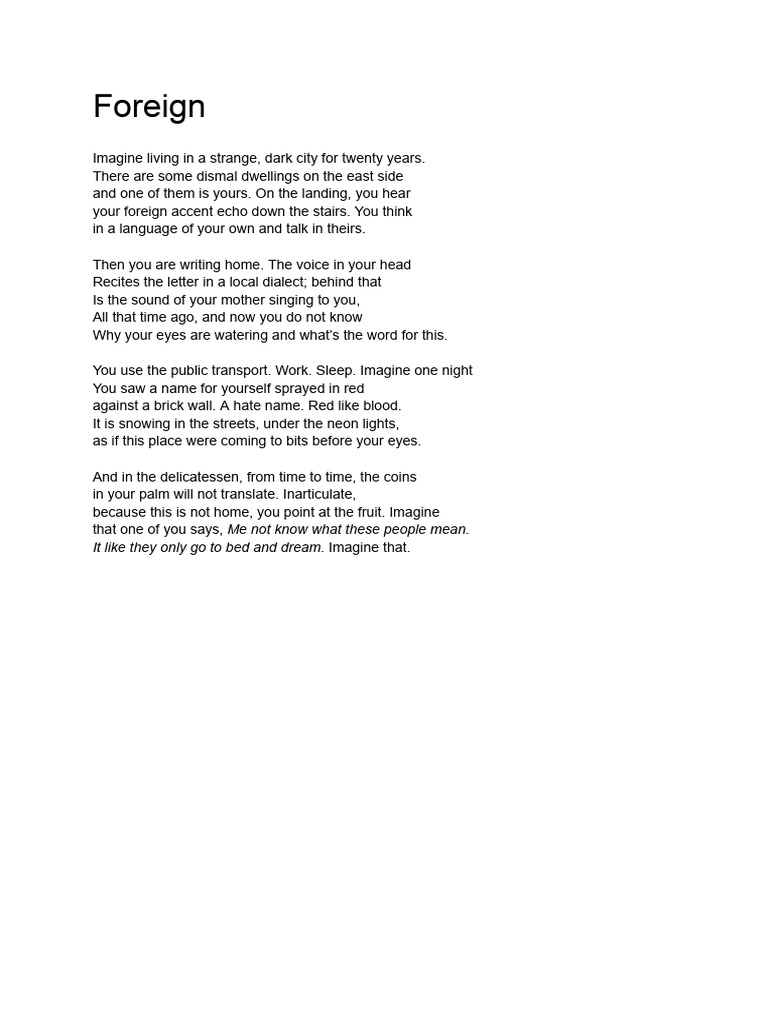 Foreign Experience in Duffy's Poem | PDF | Poetry | General Fiction