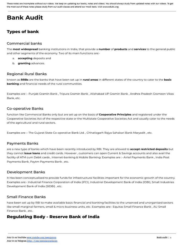 C12 Bank Audit Complete Notes | PDF | Financial Audit | Audit