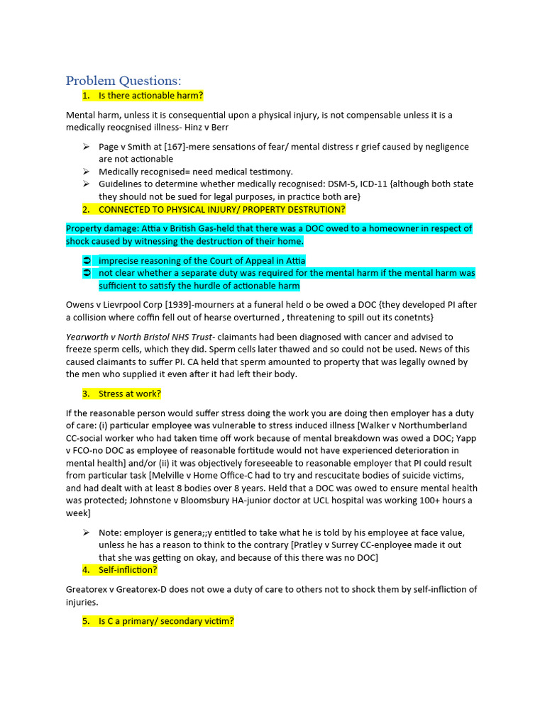 Summary On Psychiatric Injury | PDF | Negligence | Common Law