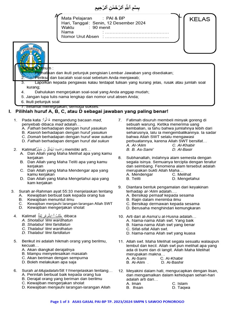 Soal Asas I Pai-Bp KLS.7 TP.2023-2024 | PDF