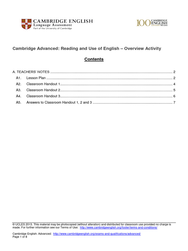 Cambridge English Advanced Cae From 2015 Reading and Use of English ...