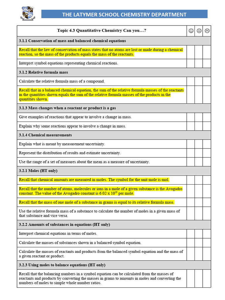 4.3 Quantitative Chemisty Checklist Latymer | PDF | Mole (Unit) | Chemistry