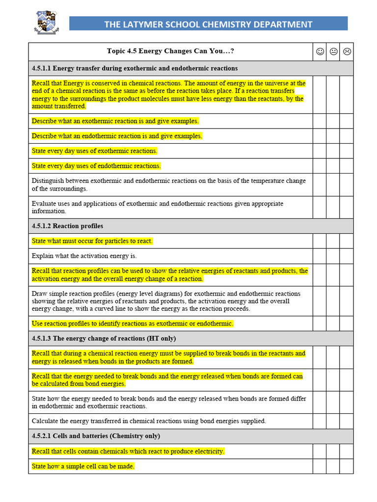4.5 Energy Changes Checklist Latymer | PDF | Chemical Reactions | Chemistry