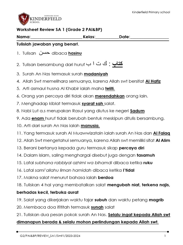Review Sa1 Grade 2 2023 2024 (Jawaban Pembahasan) | PDF