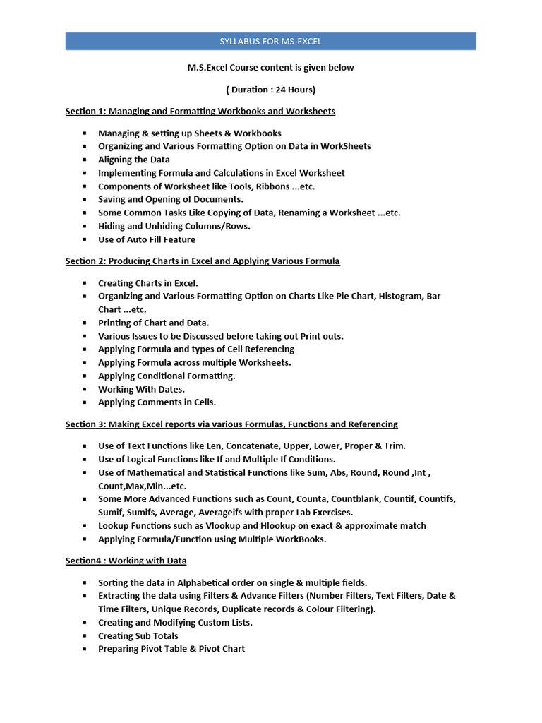Excel Syllabus - Personal | PDF | Microsoft Excel | Computing Excel Syllabus - Personal | PDF | Microsoft Excel | Computing