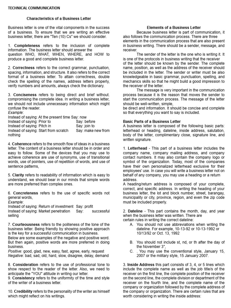 Characteristics of A Business Letter | PDF | Punctuation | Communication