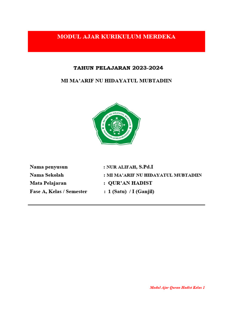 Modul Ajar Quran Hadist Kelas 1 MI | PDF