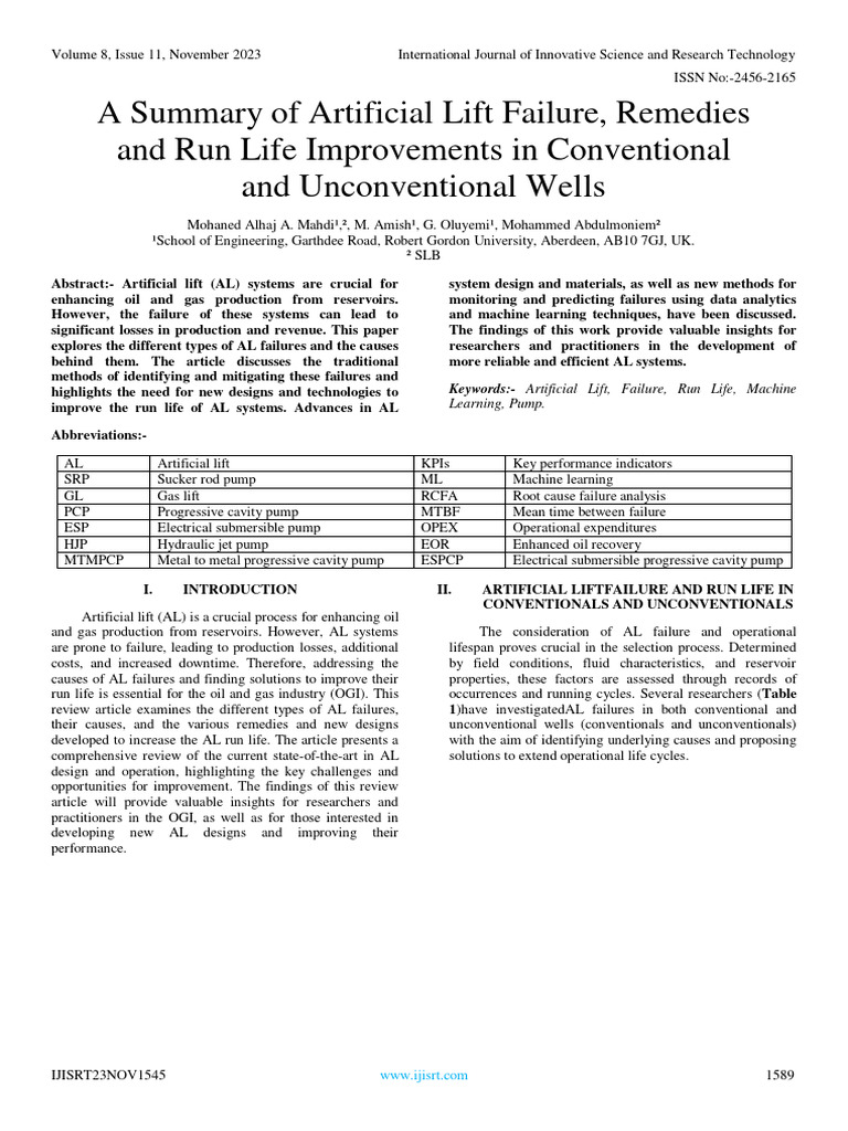 A Summary of Artificial Lift Failure, Remedies and Run Life ...