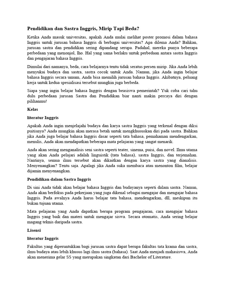 Perbedaan Sastra dan Pendidikan Inggris | PDF | Kajian Bahasa Asing