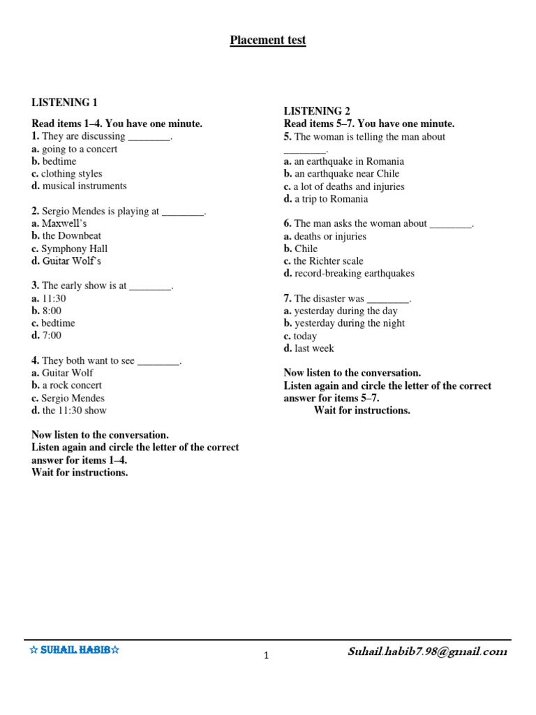 English Placement Test | PDF | Nonverbal Communication